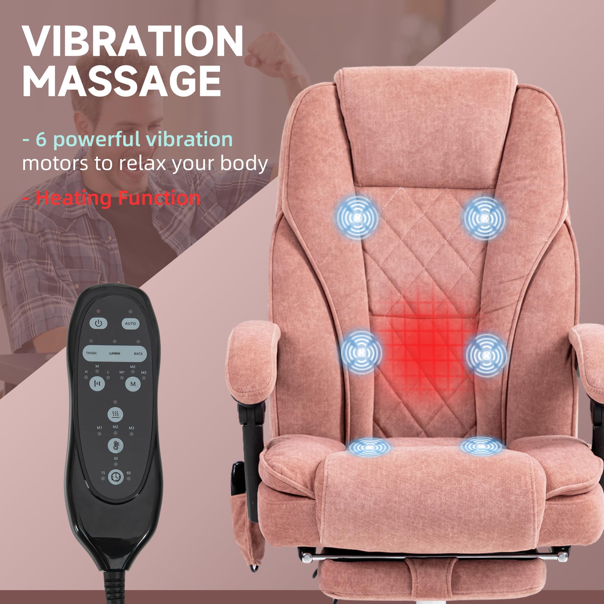 Vinsetto Massage Office Chair with Foot Rest, Executive Office Chair with 6 Vibration Point and Heat, Reclining Computer Chair, Swivel Desk Chair, Adjustable Height, Pink