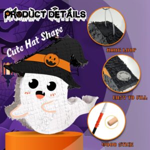 MUWOOB Halloween Ghost Pinata, Halloween Piñata with 100 pcs Halloween Tattoos, Stick Blindfold and Confetti, Cute Halloween Birthday Pinata Party Games Decorations for Kids Adults (Ghost with Hat)