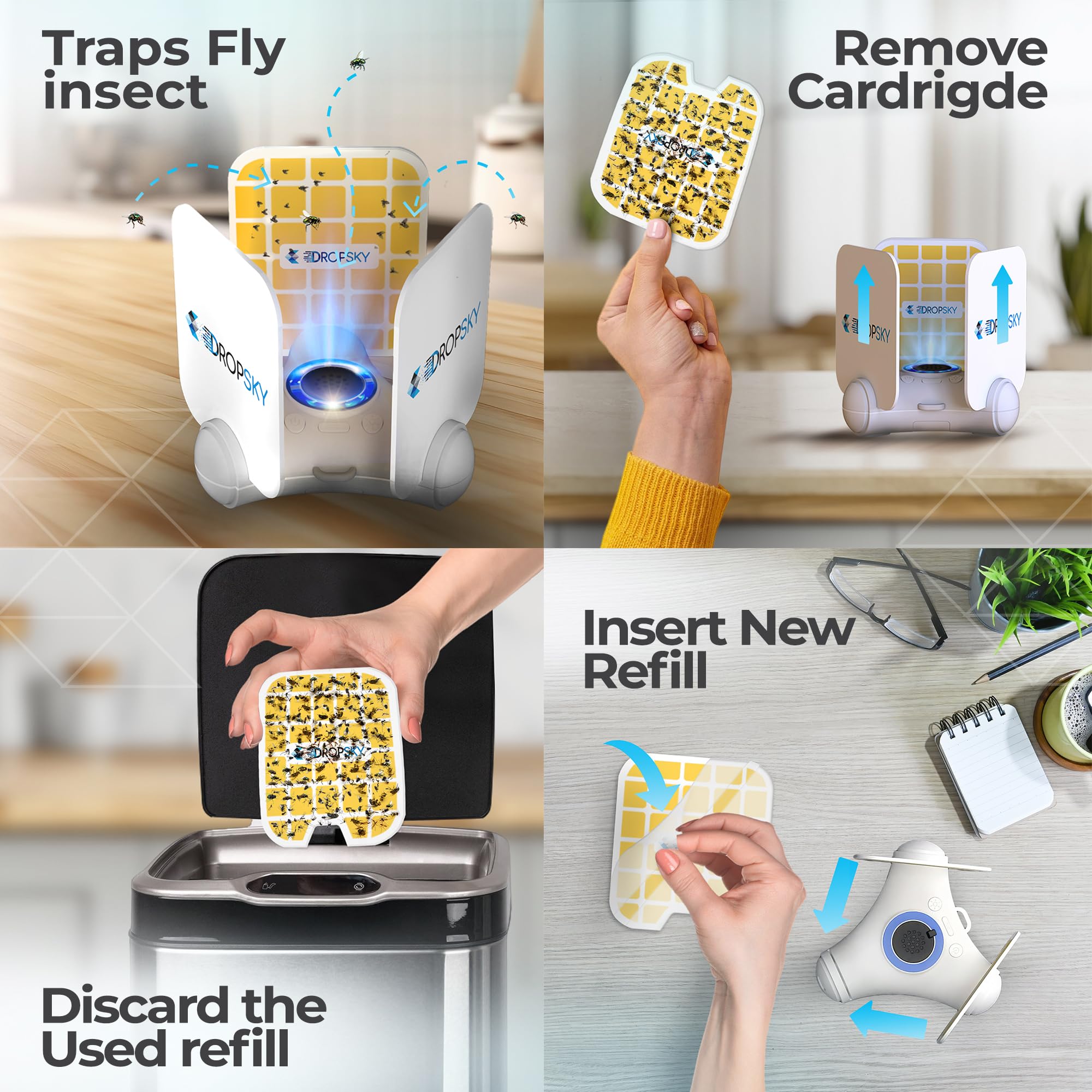 Dropsky 360 Portable Flying Insect Trap, Gnat Traps for House Indoor & Outdoor- Higher Coverage Blue Light Fly Trap- Get Rid of Flies- Safe for Pets & Kids- 2 Traps + 6 Glue Cards+ USB+Cable Charger​