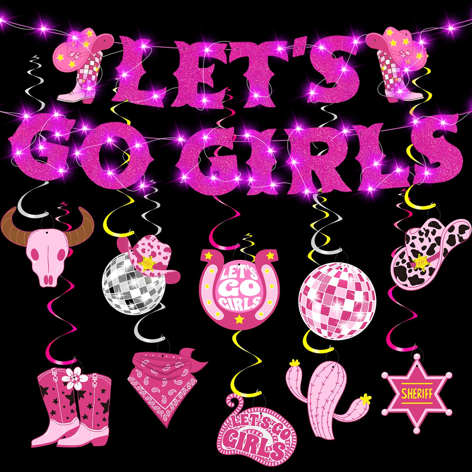 Epakh 35 Pcs Let's Go Girls Cowgirl Party Decorations Pink Western Birthday Decors Disco Bachelorette Party Bridal Shower Supplies Include Let's Go Girls Banner Hanging Swirls Lights for Women Girls