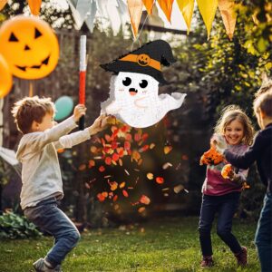 MUWOOB Halloween Ghost Pinata, Halloween Piñata with 100 pcs Halloween Tattoos, Stick Blindfold and Confetti, Cute Halloween Birthday Pinata Party Games Decorations for Kids Adults (Ghost with Hat)