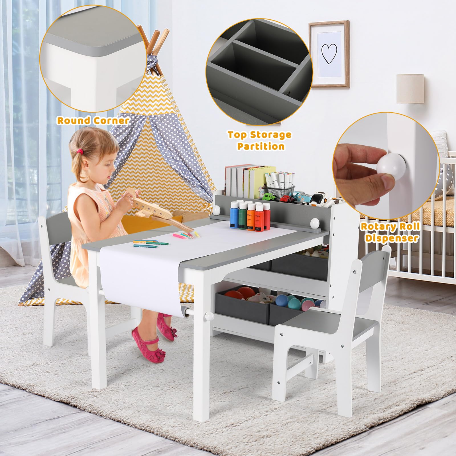 Arlopu Kids Art Table and 2 Chairs, Toddler Craft Drawing Desk with Large Storage Shelves, 4 Storage Bins and Paper Roll, Kids Activity and Study Table Furniture, for Daycare, Game Room (Grey)