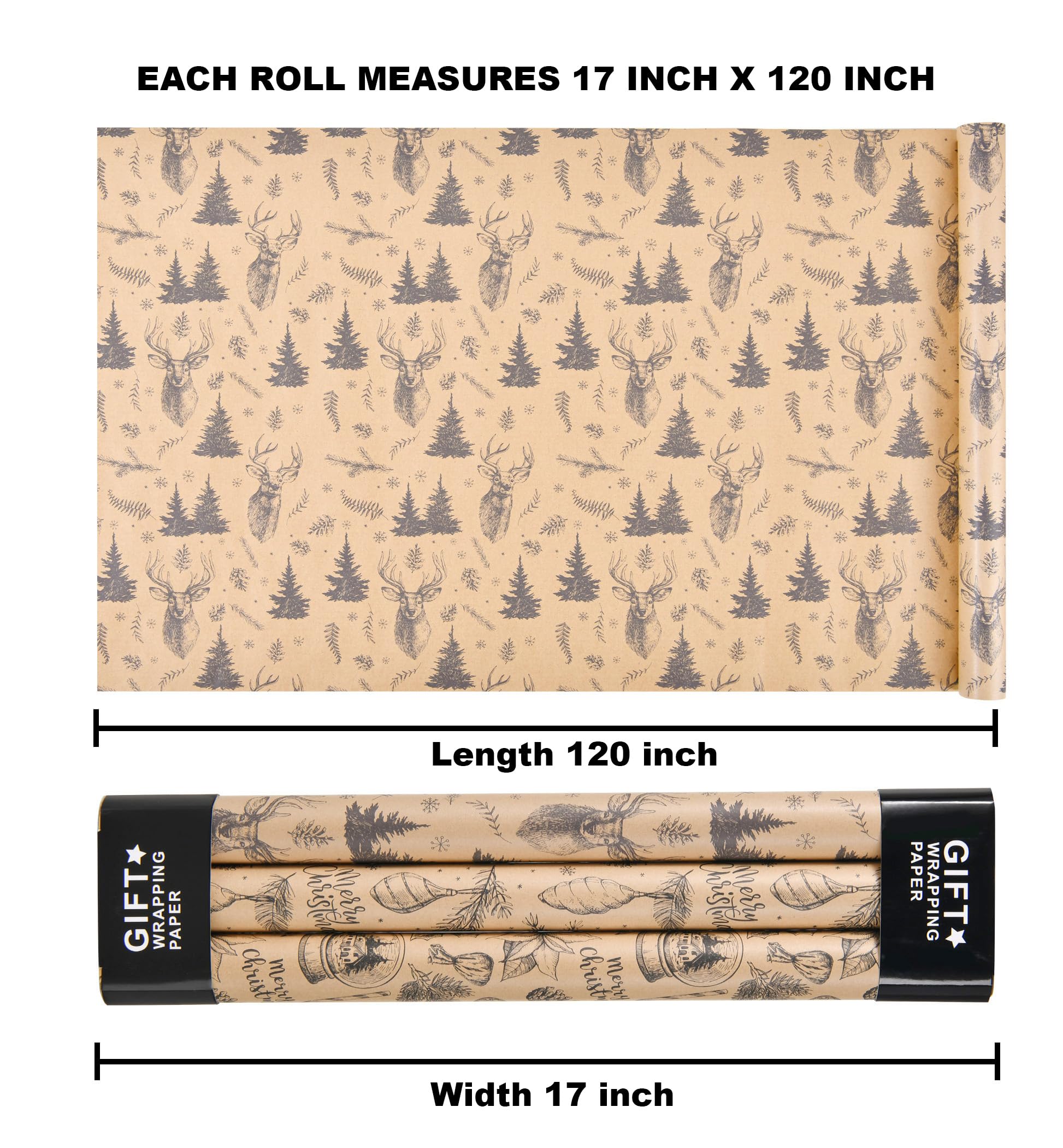 Titiweet Vintage Christmas Wrapping Paper Roll - Mini Roll 17" X 120" Kraft Christmas Wrapping Paper, 3 Rolls Aesthetic Christmas Wrapping Paper(Vintage Christmas)