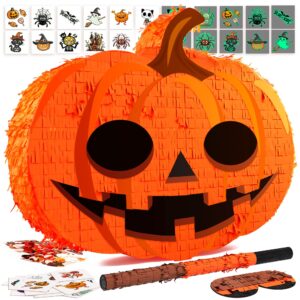 muwoob halloween pumpkin pinata, halloween piñata with 100 pcs halloween tattoos kids, stick blindfold and confetti, halloween birthday pinata party games decorations for kids adults (pumpkin)