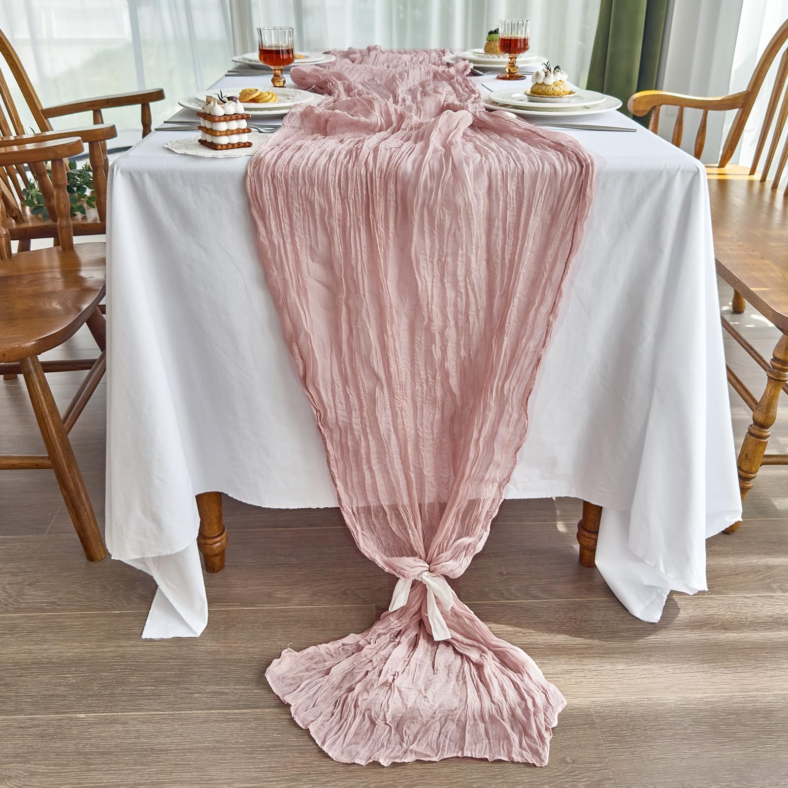 IVAPUPU 2 Pcs Cheesecloth Table Runner - 10ft Dusty Pink Boho Gauze Cheese Cloth Table Runner for Baby Shower Decoration Wedding Party Summer Garden Farmhouse Table Runner