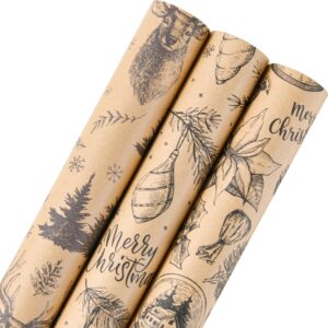 titiweet vintage christmas wrapping paper roll - mini roll 17" x 120" kraft christmas wrapping paper, 3 rolls aesthetic christmas wrapping paper(vintage christmas)