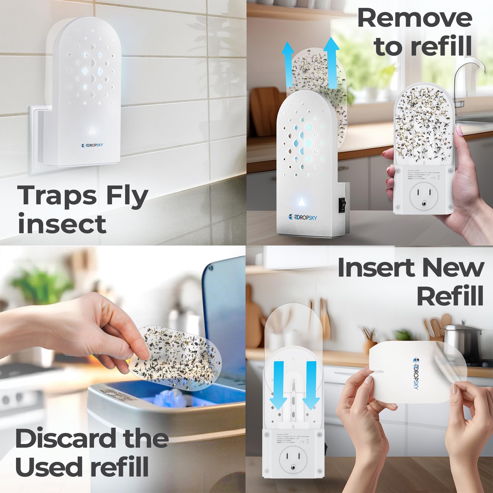 Dropsky Indoor Flying Insect Trap - Plug-in Bug Light Trap for Fruit Flies, Gnats and Houseflies - Odorless and Mess Free (2 Traps + 2 Glue Cards)