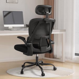 shahoo ergonomic office chair, high back with breathable mesh seat,adjustable lumbar support, headrest and flip-up arms, black