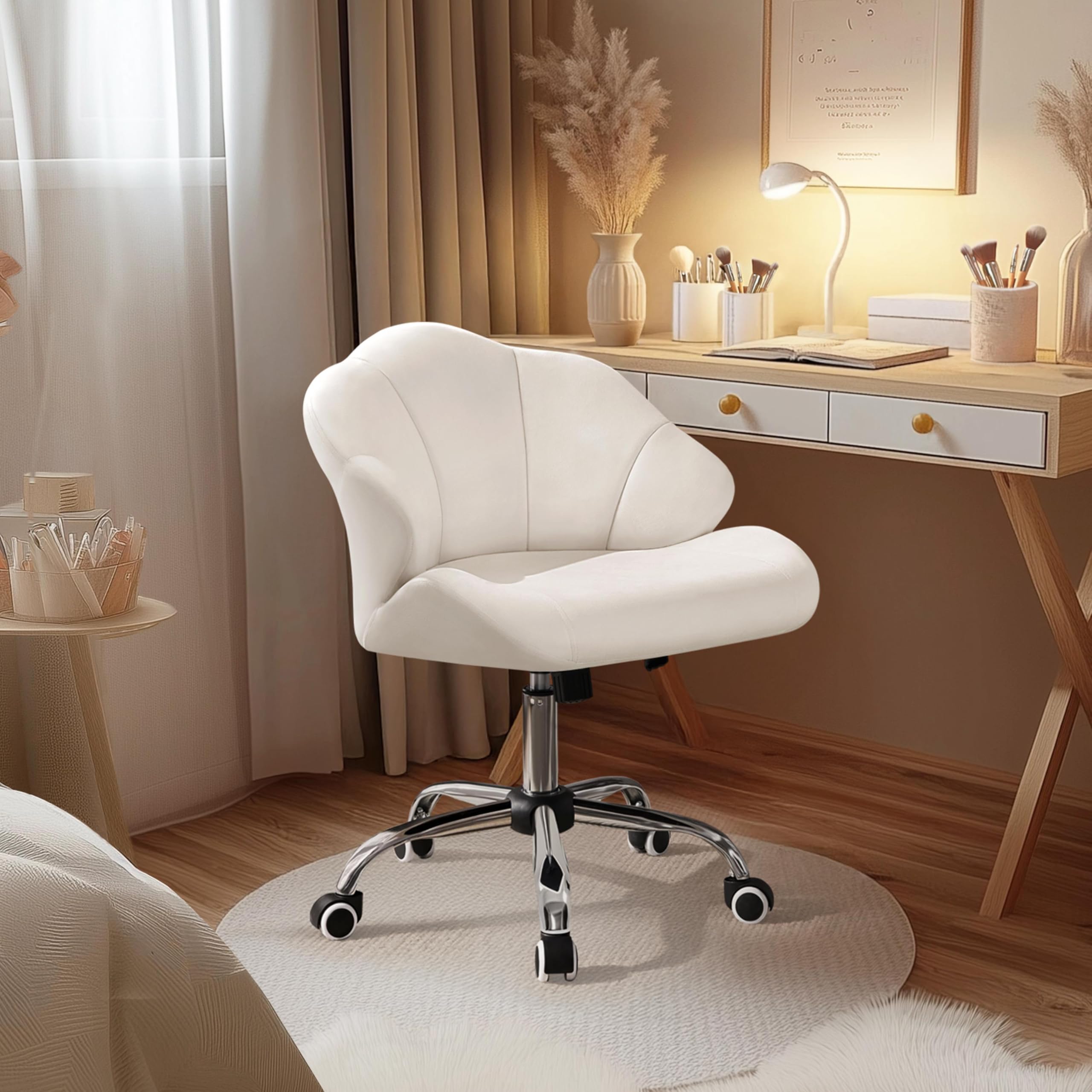 Yaheetech Cute Velvet Desk Chair Home Office Chair Shell-Shaped Back Vanity Chair Modern Swivel Chair with Wheels Adjustable Height for Bedroom White