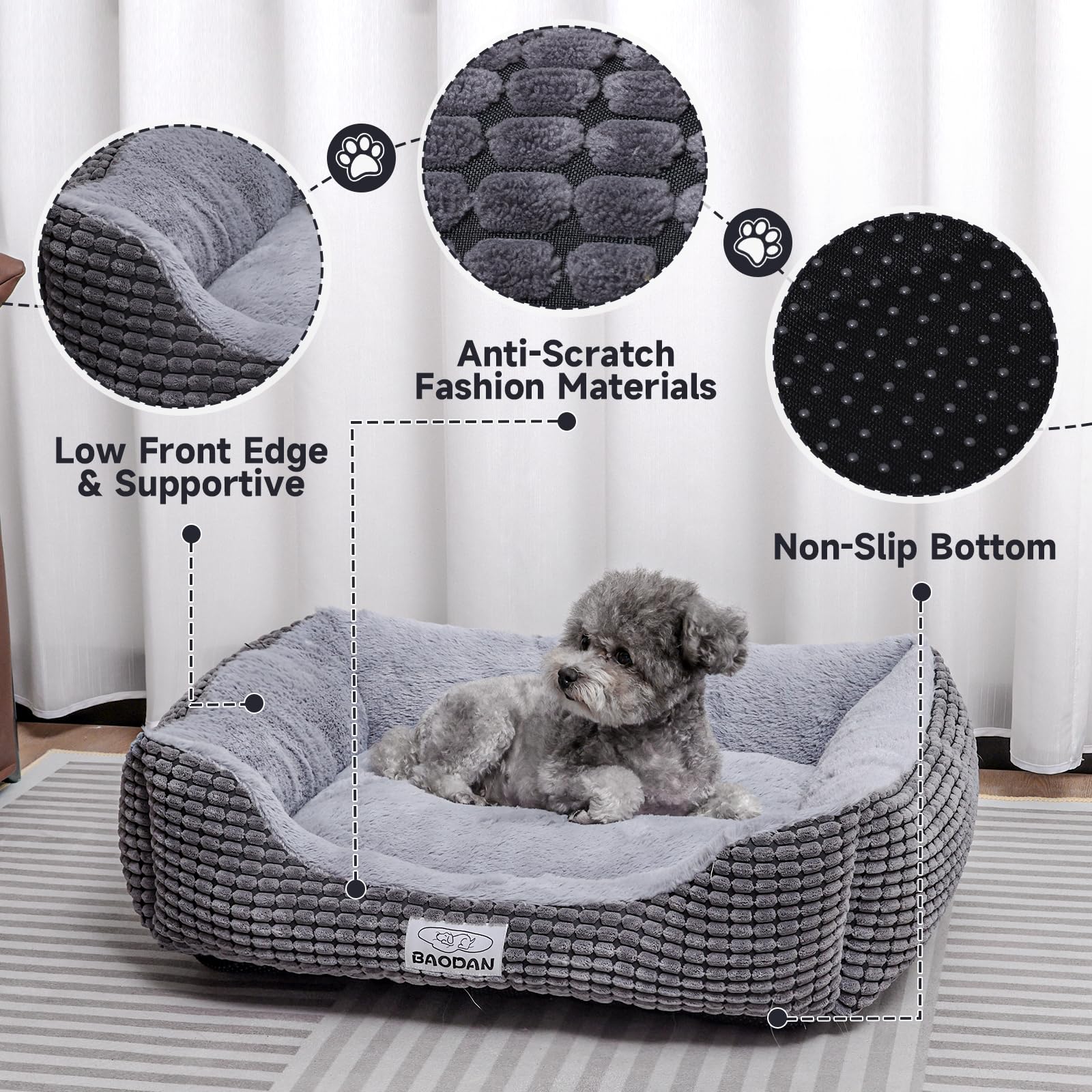 Baodan Dog Bed for Small Dogs, Small Cat Beds for Indoor Cats, Extra Soft Washable Dog Beds, Nonskid Bottom Calming Puppy Beds for Puppy and Kitten, Grey, 20 inches