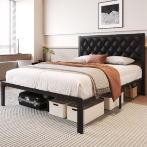 Fluest Queen Bed Frame with Headboard PU Leather Upholstered Bed Frame Platform,All Metal Slats Support Platform Bed Frame with Storage Space,Easy Assembly,Noise Free,No Box Spring Needed,Black