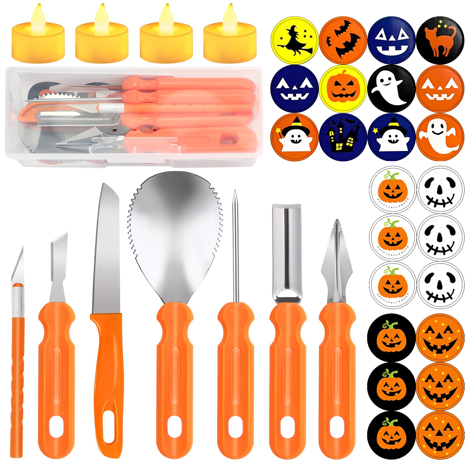 Pumpkin Carving Kit, 14 PCS Stainless Steel Pumpkin Carving Tools with Halloween Stickers and Candles, Halloween Decorations Gifts for Family DIY, Pumpkin Decorating Kit with Box for Kids and Adults