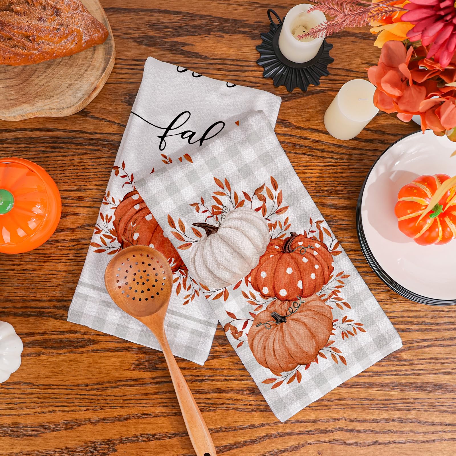 Siilues Fall Kitchen Towels 18 x 26 Inch Set of 2, Fall Hand Towels Hello Fall Decorations for Home Pumpkin Dish Towels Seasonal Thanksgiving Decorations for Home