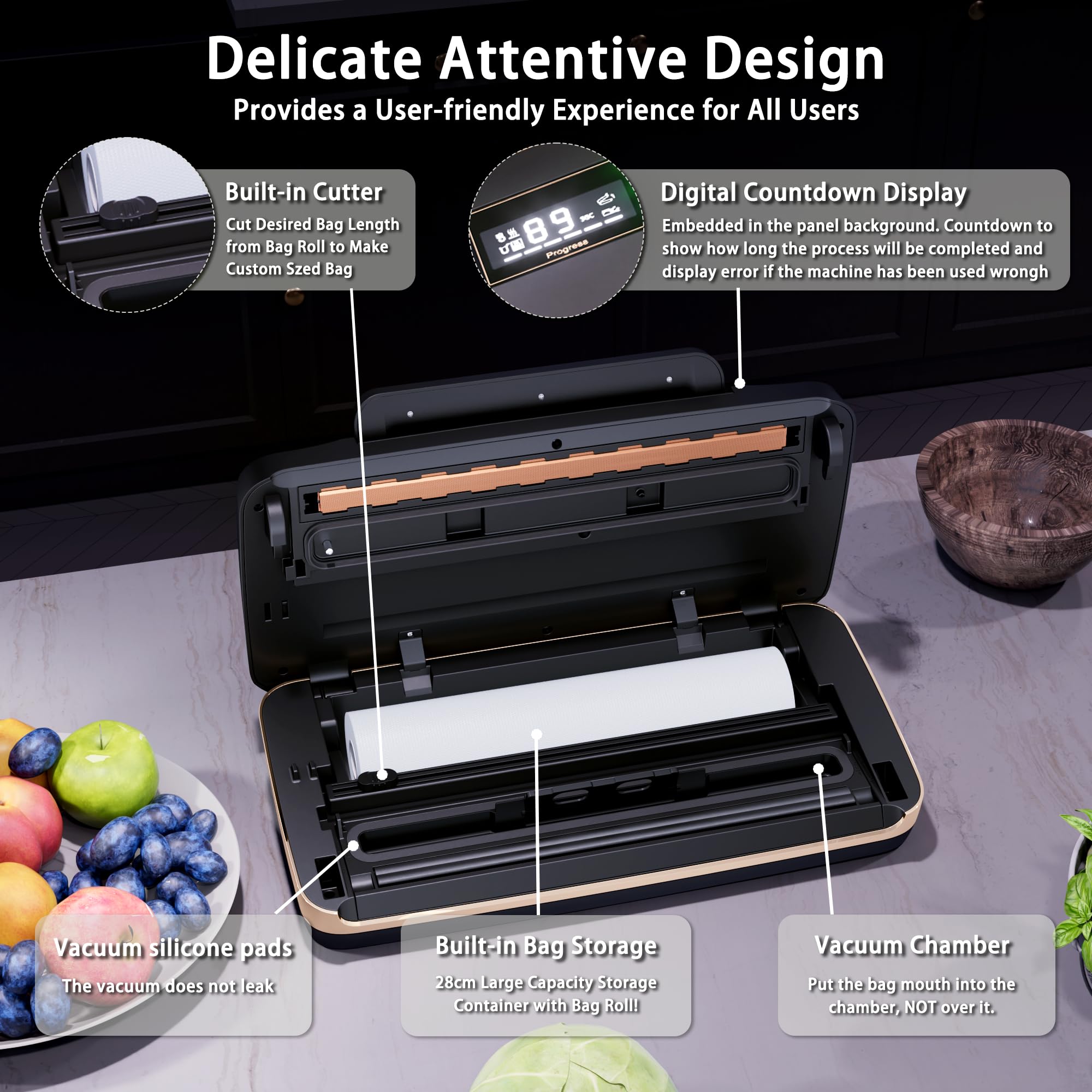 95kpa Commercial Vacuum Sealer Machine,Full Automatic Food Sealer, With 10-in-1 Functions,Easy-Lock Handle, Double Heat Seal,Vacuum Sealer for food With Bags Storage, Built-in Cutter,Progress Display