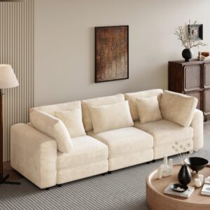 freesnooze 105" corduroy sectional sofa couch with removable back cushions and 5 pillows, 3 seater sofa for living room, apartment, spacious space(beige)