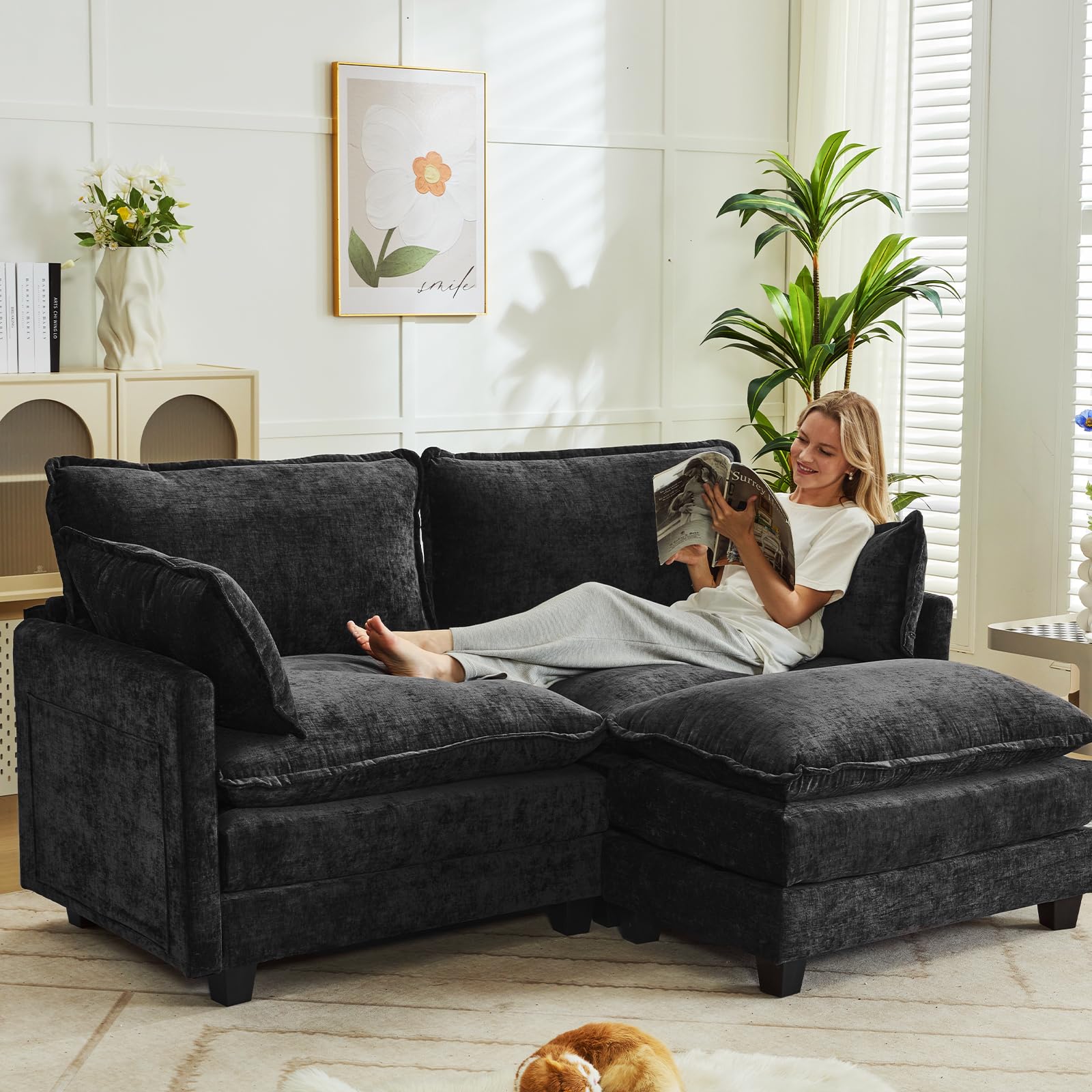 SENIFIS 77.6" Loveseat Sofa, Chenille Sectional Comfy Cloud Sofa Chouch with Movable Ottoman & Pillow, Modern 2-Seater Small Sofa Sleeper Deap Couches for Living Room (Black, Loveseat)