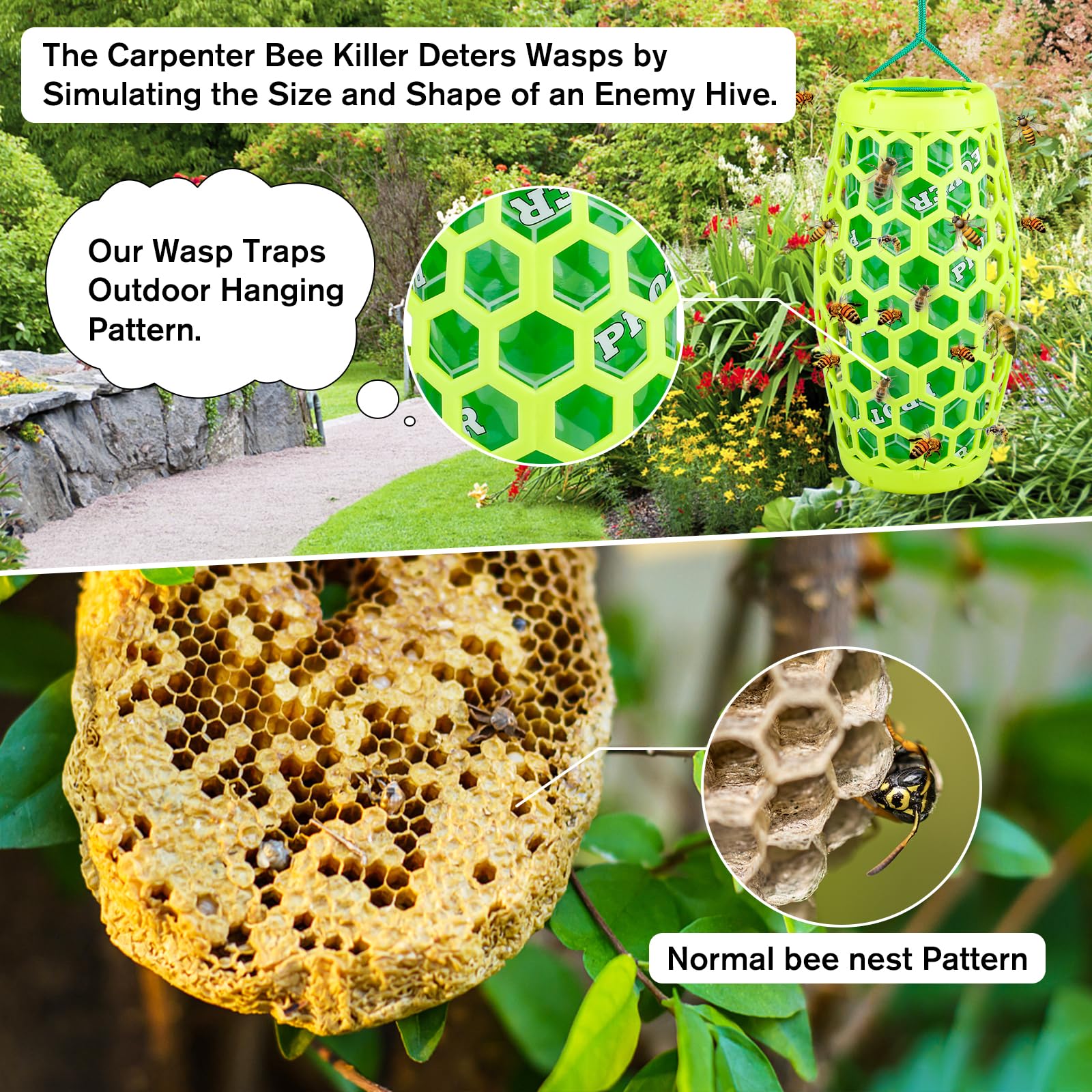 ENERJARY Wasp Trap Bee Catcher, Outdoor Hanging Carpenter Bee Traps with 4 Sticky Boards, Non-Toxic Reusable Hornet Yellow Jacket Trap (Green, 2 Pack)