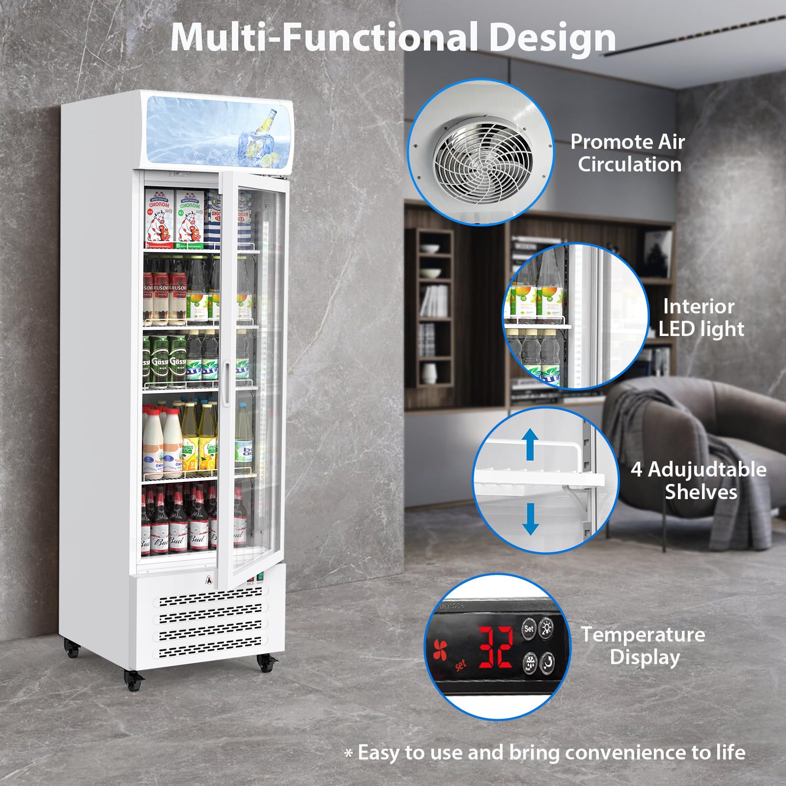 GarveeTech Commercial Merchandiser Refrigerator,11.3 Cu.Ft Glass Door Display Refrigerator,Drink Cooler Beverage Fridge With Soft Led Light, 4 Adjustable Shelves, White