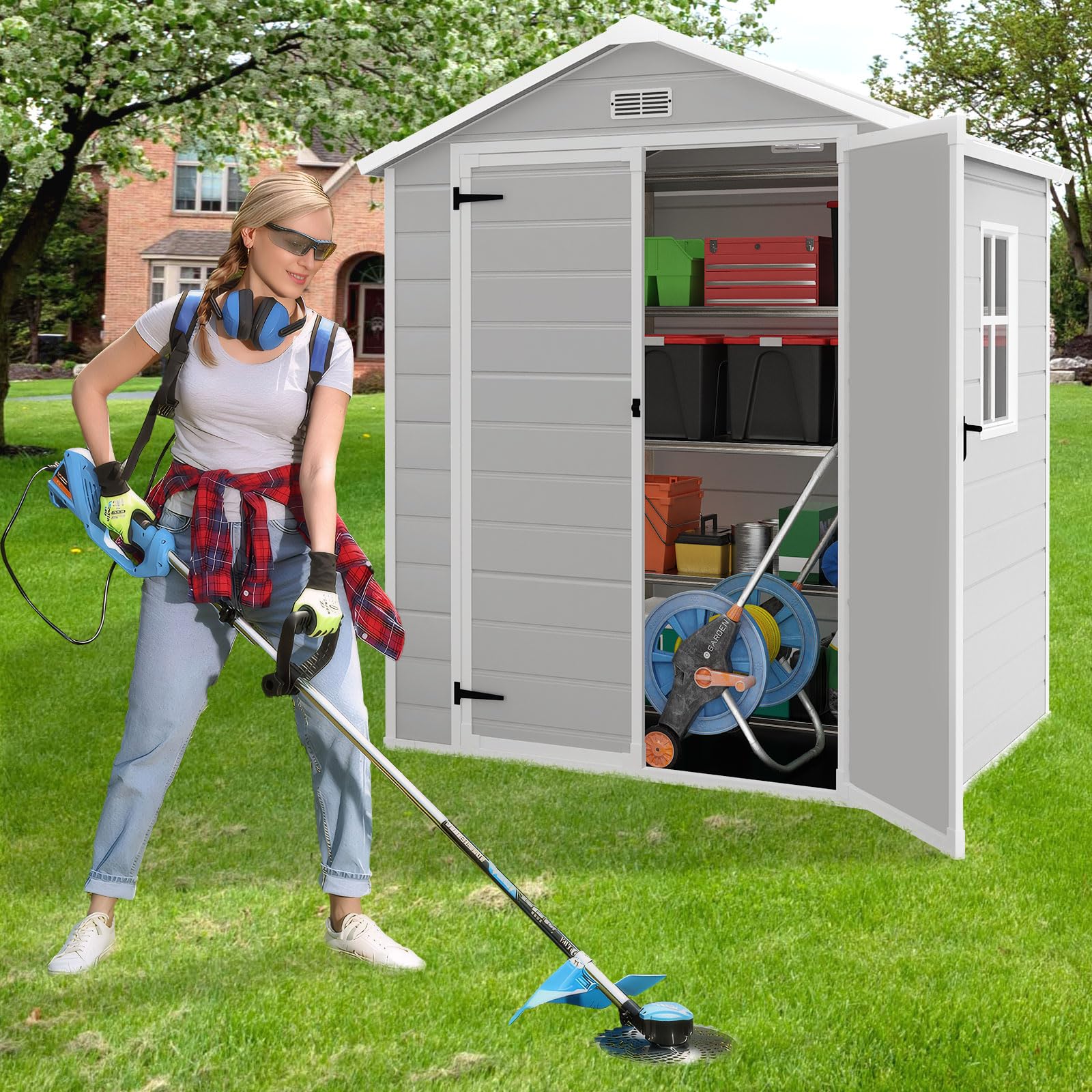 Resin Shed 6x4.4FT,Plastic Shed,Outdoor Storage Shed for Garden Tool,Waterproof Resin Shed with Floor,Lockable Doors for Patio,Yard,Lawn (Gray)