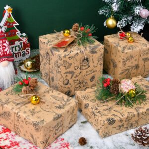 Titiweet Vintage Christmas Wrapping Paper Roll - Mini Roll 17" X 120" Kraft Christmas Wrapping Paper, 3 Rolls Aesthetic Christmas Wrapping Paper(Vintage Christmas)