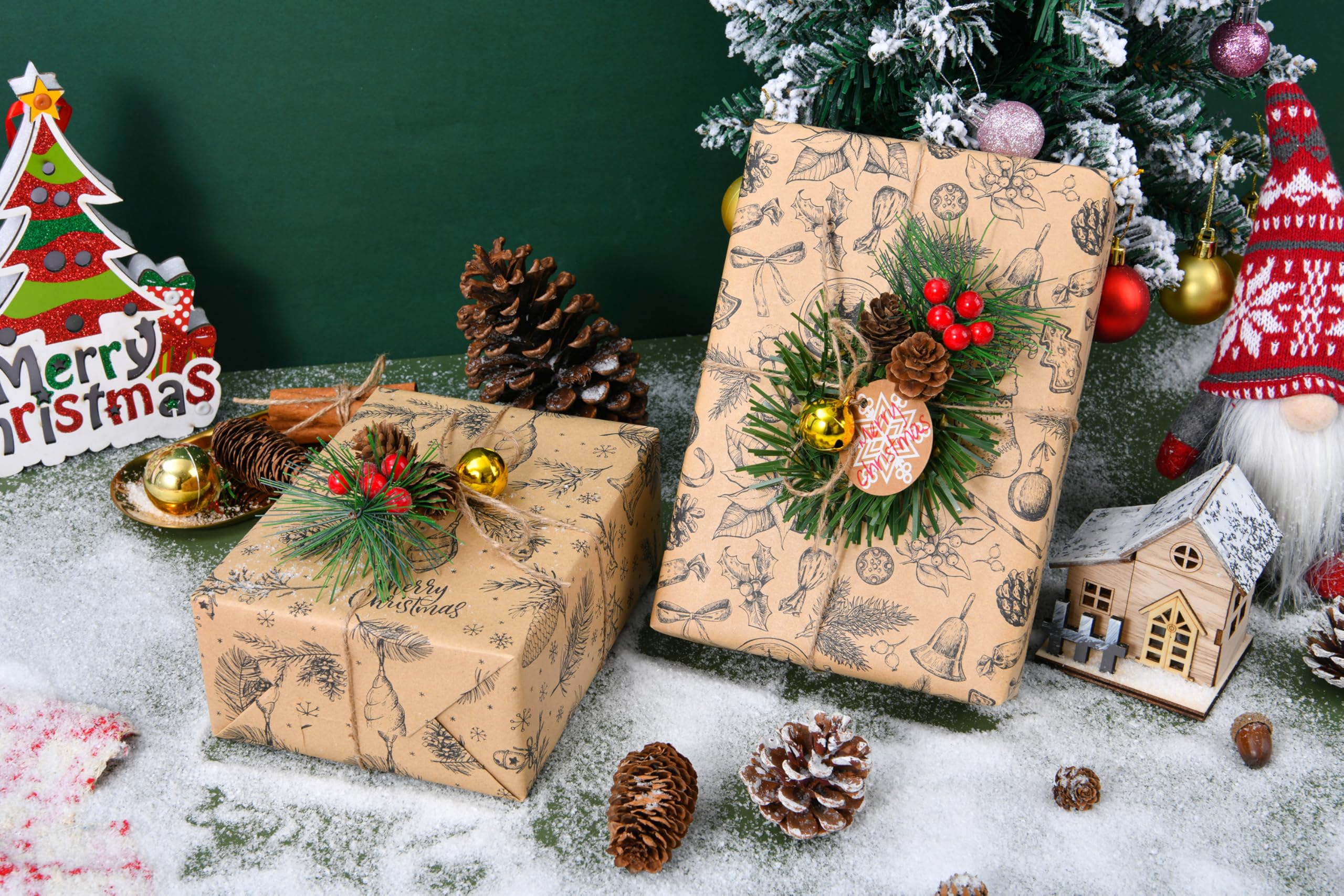 Titiweet Vintage Christmas Wrapping Paper Roll - Mini Roll 17" X 120" Kraft Christmas Wrapping Paper, 3 Rolls Aesthetic Christmas Wrapping Paper(Vintage Christmas)