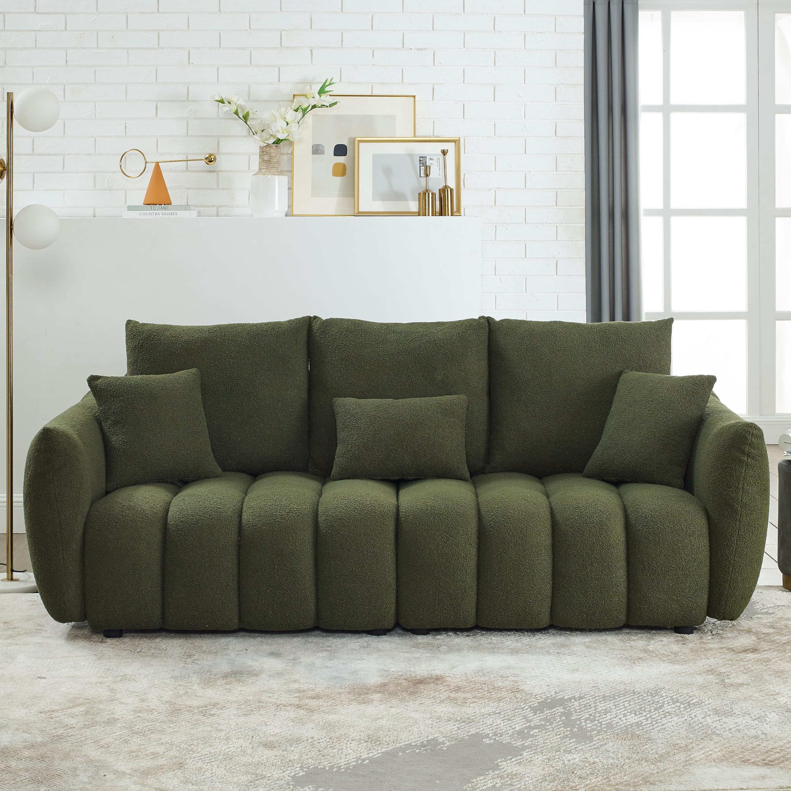 FIVESHOW 82" Premium Teddy Fabric Sofa with 3 Back Pillows and 3 Back Cushions Solid Wood Frame 3-Seater Sofa, Oversized Upholstered Chair for Living Room, Bedroom, Apartment and Office