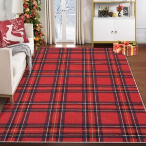 royhome 8x10 christmas area rug xmas buffalo plaid machine washable carpet rug holiday decorative gingham check floor cover non slip stain resistant accent rug for living room bedroom decor, red