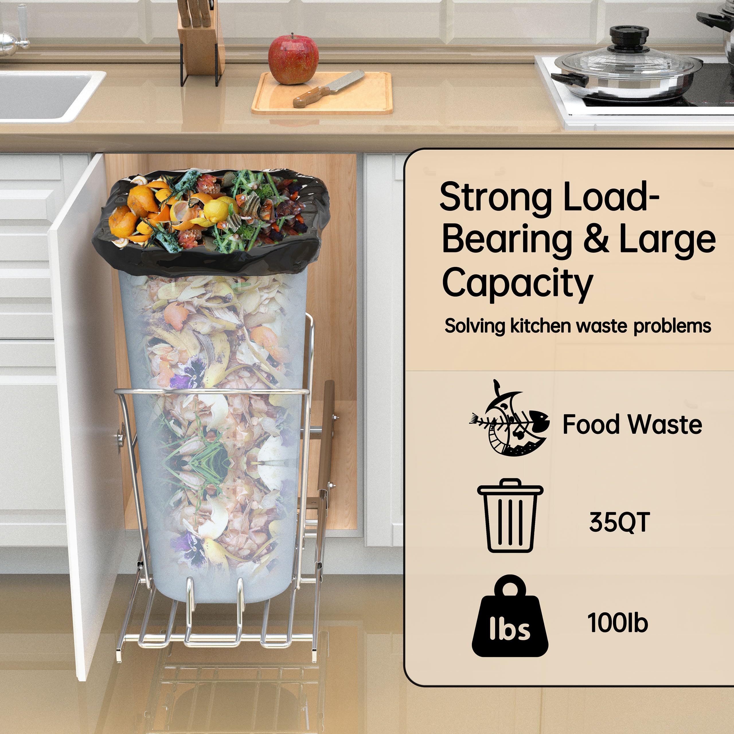 JOWBOOW Pull Out Trash Can Under Cabinet, 37 Qt Under Cabinet Trash Can Pull Out with Soft Close Slides, Kitchen Cabinet Garbage Can Pull Out, Grey