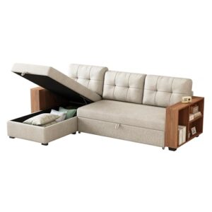 Acosure 84" Convertible L-Shape Pull Out Couch with Wooden Storage Chaise and Handrail,Sleeper Sectional Sofa Bed W/ 3 Movable Back Cushions,for Living Room,Office,Beige