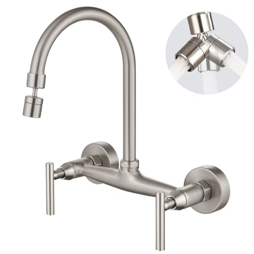 Airuida Wall Mount Kitchen Sink Faucet with Sprayer Brushed Nickel Wall Mounted Kitchen Faucet 8 Inch Center Bowl Vessel Sink Faucet Single Handle Single Hole Bathroom Sink Faucet Lavatory Vanity Bath