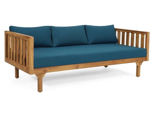 Merax Outdoor 3 Seater Daybed, Acacia Wood Day Bed Couch Sofa with Cushions for Patio Backyard, Garden, Blue