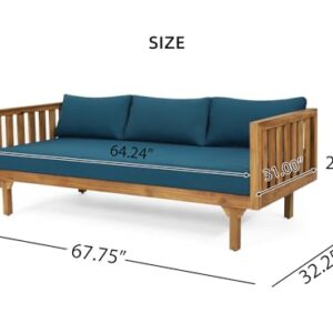 Merax Outdoor 3 Seater Daybed, Acacia Wood Day Bed Couch Sofa with Cushions for Patio Backyard, Garden, Blue