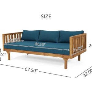 Merax Outdoor 3 Seater Daybed, Acacia Wood Day Bed Couch Sofa with Cushions for Patio Backyard, Garden, Blue