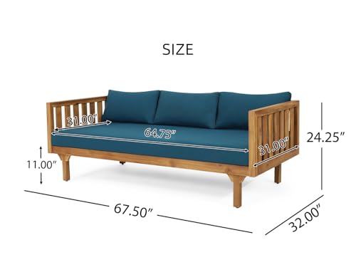 Merax Outdoor 3 Seater Daybed, Acacia Wood Day Bed Couch Sofa with Cushions for Patio Backyard, Garden, Blue