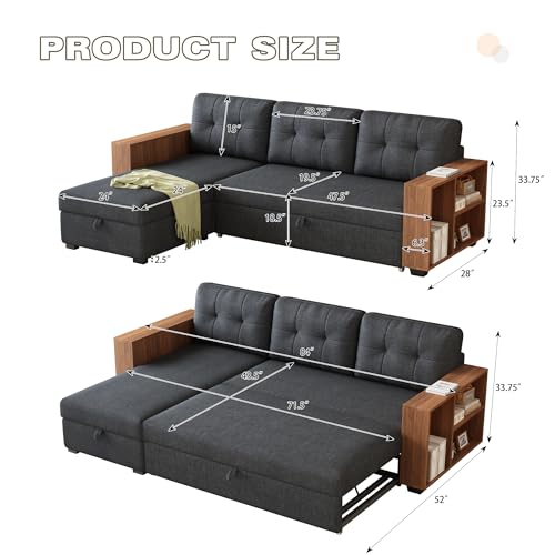 Acosure 84" Convertible L-Shape Pull Out Couch with Wooden Storage Chaise and Handrail,Sleeper Sectional Sofa Bed W/ 3 Movable Back Cushions,for Living Room,Office,Dark Grey