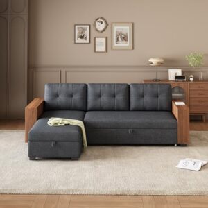 Acosure 84" Convertible L-Shape Pull Out Couch with Wooden Storage Chaise and Handrail,Sleeper Sectional Sofa Bed W/ 3 Movable Back Cushions,for Living Room,Office,Dark Grey