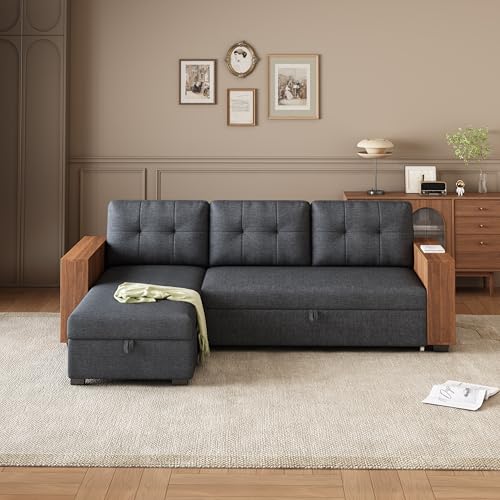 Acosure 84" Convertible L-Shape Pull Out Couch with Wooden Storage Chaise and Handrail,Sleeper Sectional Sofa Bed W/ 3 Movable Back Cushions,for Living Room,Office,Dark Grey