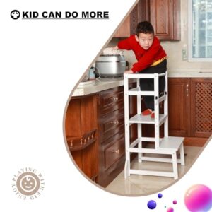 Kids Kitchen Step Stool, Adjustable Height Toddler Tower Stool with Safety Rail & Anti-Slip Feet, Wooden Kitchen Helper for Toddlers 18 Months and Older, White