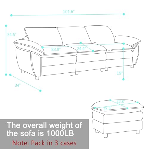 101.6" Small Modular sectional Sofa,Living Room Comfort Cloud Couch sectional, Modern Dark 3-Seater Cloud Sofa，Modular Sofa with Ottoman，Comfortable upholstered Furniture. for Apartment Office(White)