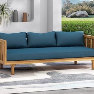 Merax Outdoor 3 Seater Daybed, Acacia Wood Day Bed Couch Sofa with Cushions for Patio Backyard, Garden, Blue