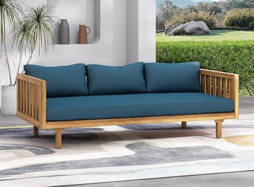 Merax Outdoor 3 Seater Daybed, Acacia Wood Day Bed Couch Sofa with Cushions for Patio Backyard, Garden, Blue