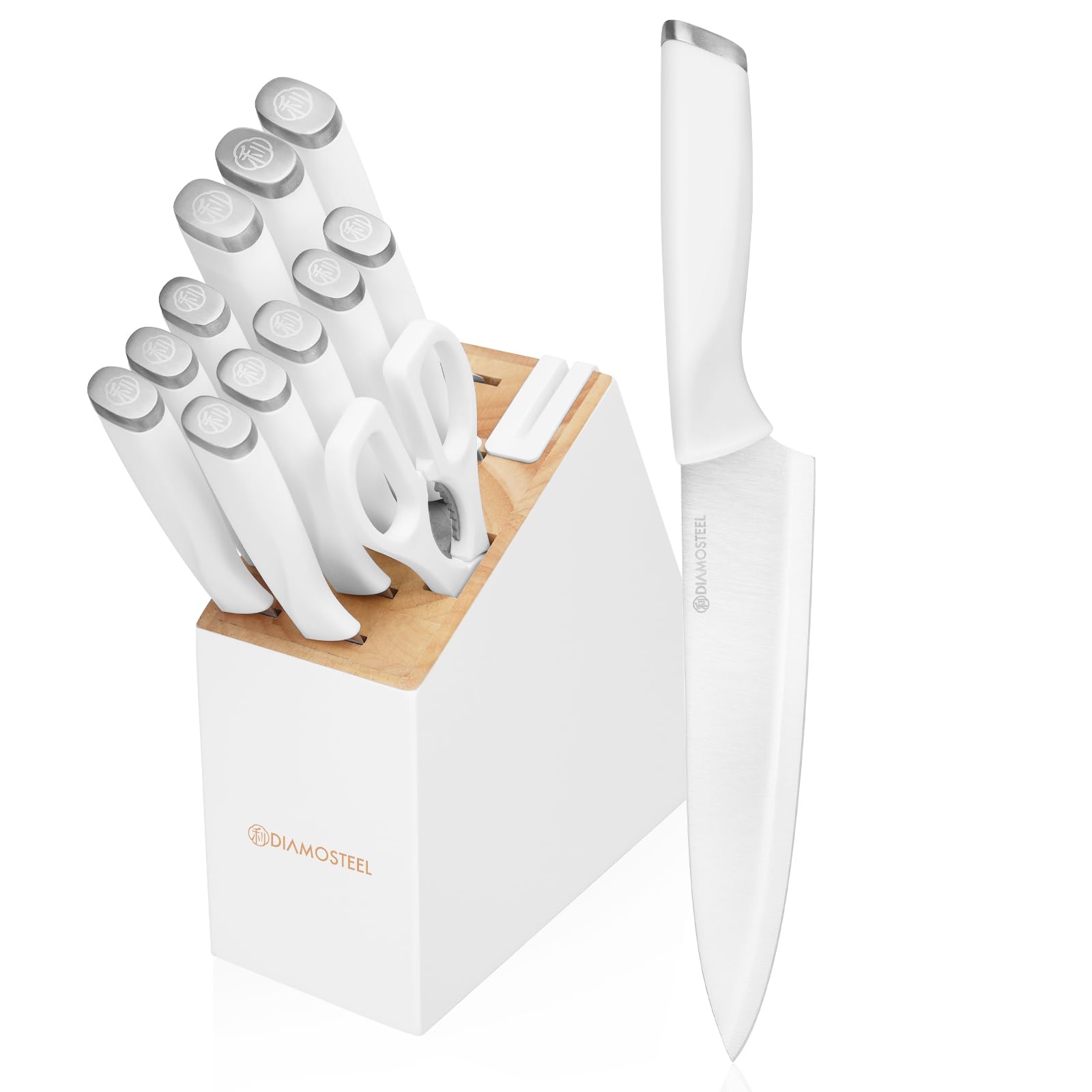 diamosteel White Knife Set with Block, 13 Pieces Knife Block Set with Built-in Sharpener Scissors for Kitchen, High Carbon Stainless Steel Knife Set