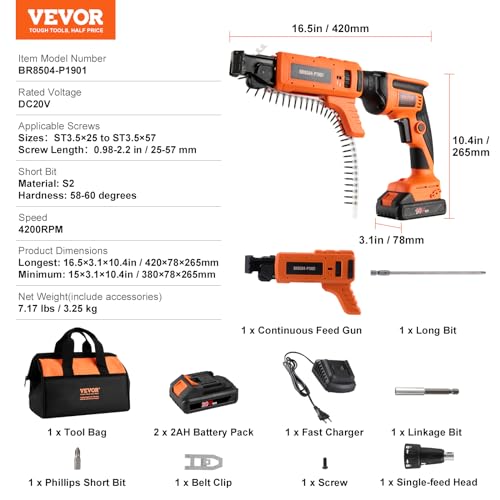 VEVOR Drywall Screw Gun Auto-Feed, 20V Max Collated Drywall Screwgun, 4200RPM Brushless Cordless Drywall Gun Kit with 2 Battery Packs, Belt Clip, Charger, Tool Bag, Screw Length and Depth Adjustable