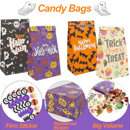 Halloween Candy Bags Party Favors - 24pcs Halloween Trick or Treat Goody Bag Gift Treat Bags with 24 Pcs Halloween Stickers, Halloween Bags Party Supplies Small Gift Bags for Kids Girls Child Boys