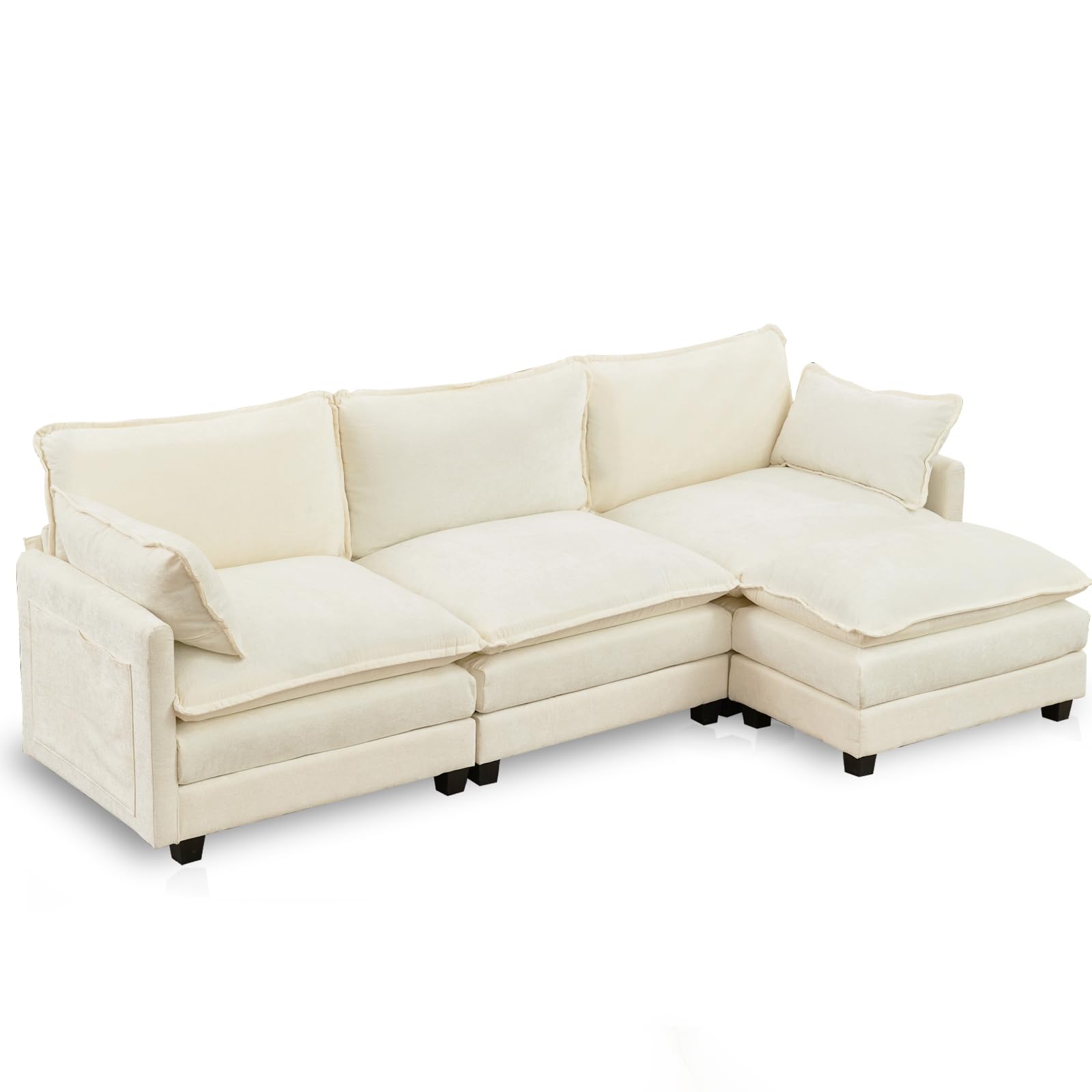 SAMERY Sectional Sofa Cloud Couch, 113" Big Comfy Couch L Shape Sofa Couch for Living Room Extra Deep Seat Sofa Couch Chenille Sofa Sleeper with Ottoman/Pillows, Cream White 3 Seat Sofa Cloud Couch