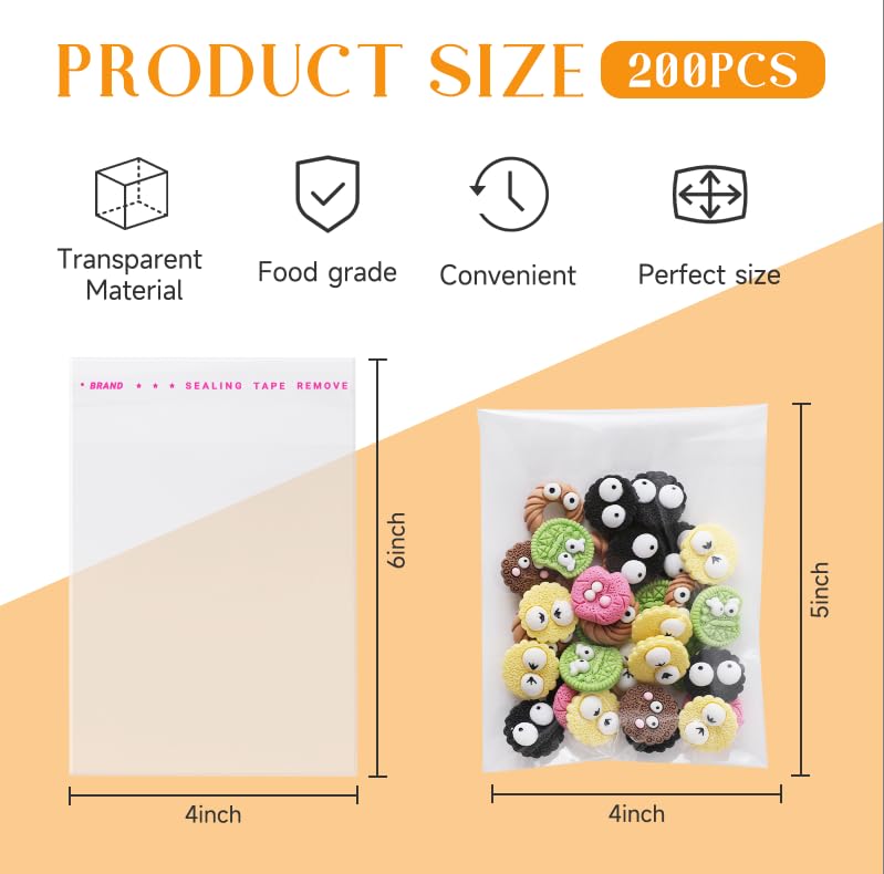 200 Pcs 4x6 Self Sealing Cellophane Bags, 4 x 6 inches Clear Cookie Bags with Seal, Small Resealable Individual Cello Bags for Cookie Packaging Gift Giving, Candy, Pretzels, Treats and Party Flavors