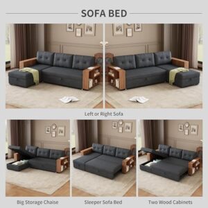 Acosure 84" Convertible L-Shape Pull Out Couch with Wooden Storage Chaise and Handrail,Sleeper Sectional Sofa Bed W/ 3 Movable Back Cushions,for Living Room,Office,Dark Grey