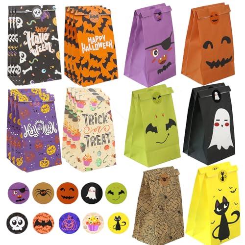 Halloween Candy Bags Party Favors - 24pcs Halloween Trick or Treat Goody Bag Gift Treat Bags with 24 Pcs Halloween Stickers, Halloween Bags Party Supplies Small Gift Bags for Kids Girls Child Boys