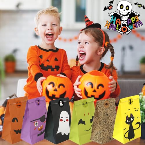 Halloween Candy Bags Party Favors - 24pcs Halloween Trick or Treat Goody Bag Gift Treat Bags with 24 Pcs Halloween Stickers, Halloween Bags Party Supplies Small Gift Bags for Kids Girls Child Boys