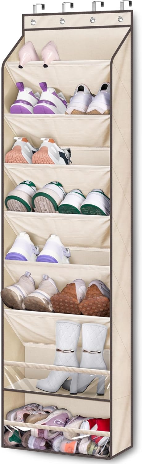 KEETDY Over The Door Shoe Organizer Fit 20 Pairs Sneakers Large Hanging Shoe Organizer for Closet Door Storage Boots, Beige